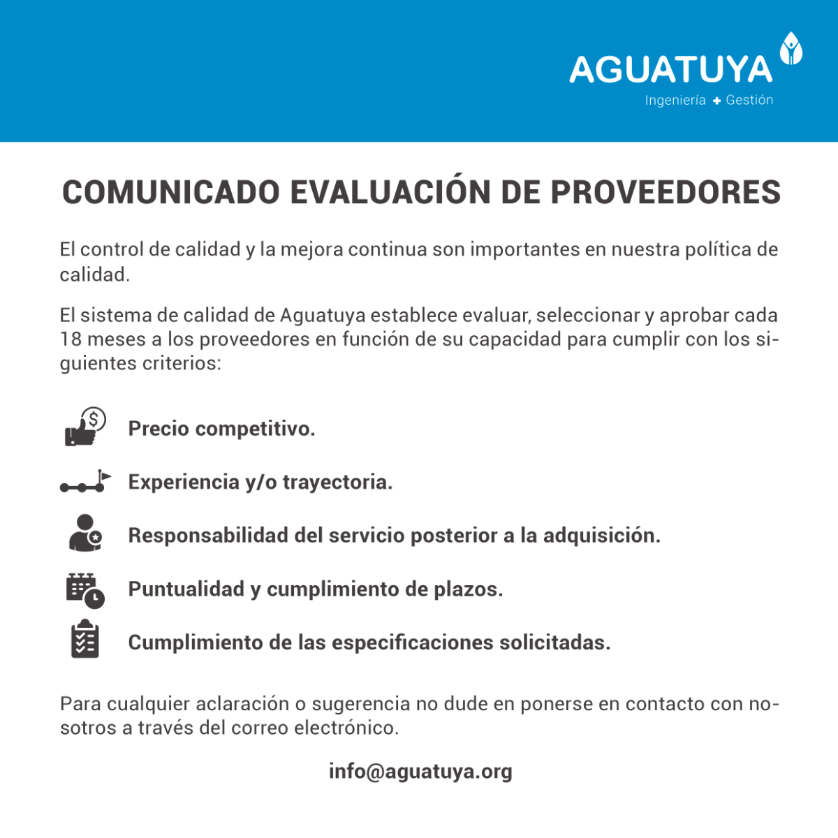 Comunicado: evaluación de proveedores